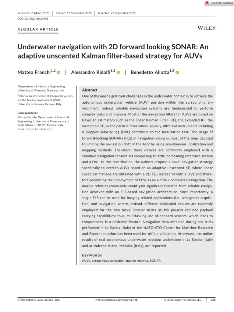 Franchi - 2020 - Underwater Navigation With 2D Forward Looking SONAR - An - JFR | PDF | Kalman ...