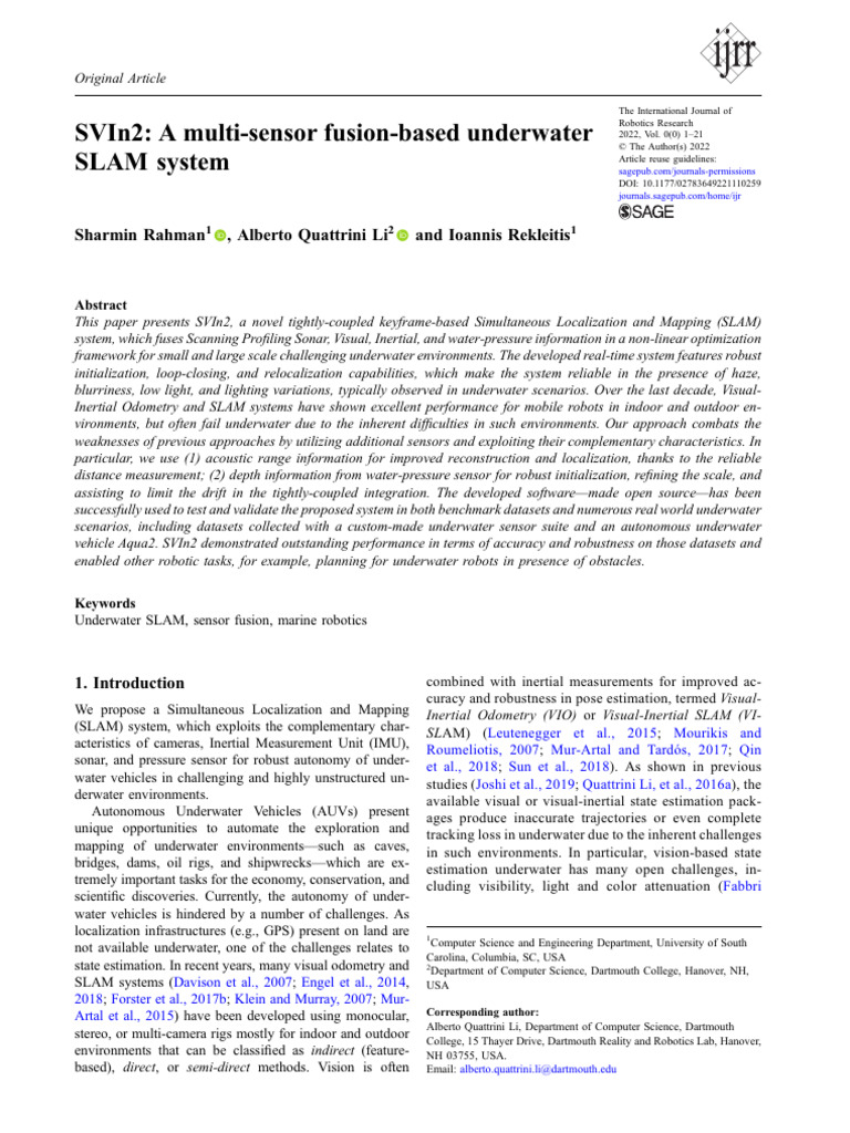 Rahman 2022 Svin2 AMulti-sensorFusion-basedUnderwaterSlamSystem IJRR | PDF | Sonar | Inertial ...