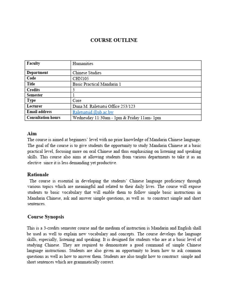 CHN105 - Course Outline - 2023 | PDF | Standard Chinese | Chinese Language