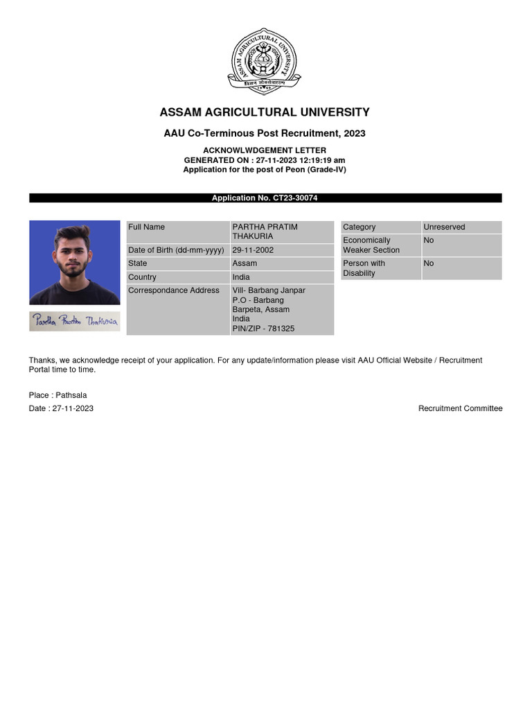 AAU Acknowledgement CT23 30074 | PDF