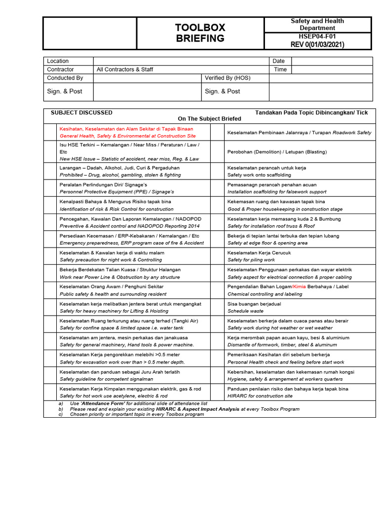 HSEP04-F01_ TOOLBOX BRIEFING REV.01 2019 | PDF | Occupational Safety And Health | Safety