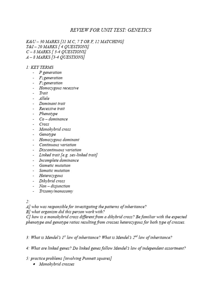 Genetics Unit Test Review Guide | PDF | Dominance (Genetics) | Genotype