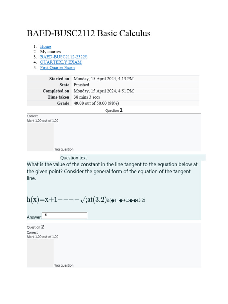 BAED-BUSC2112 Basic Calculus EXAM 1 | PDF | Function (Mathematics ...