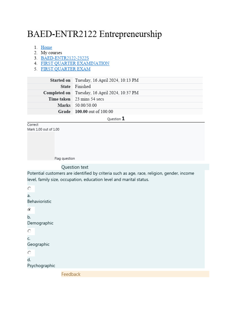 BAED-ENTR2122 Entrepreneurship 1st Quarter EXAM | PDF | Marketing | Entrepreneurship