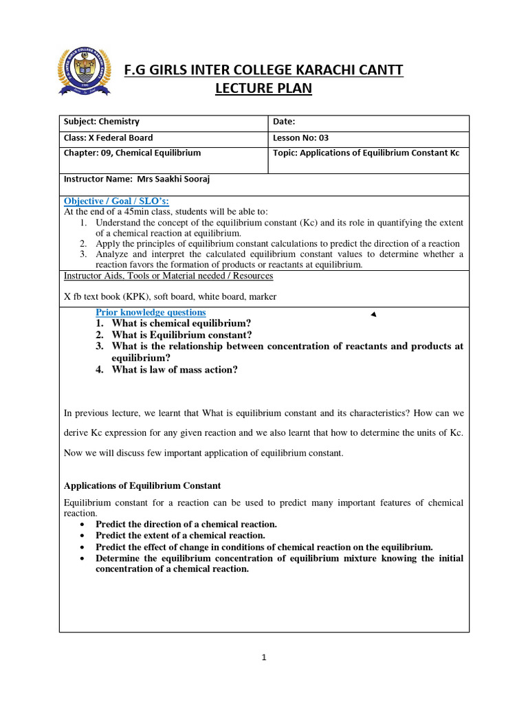 Lesson Plan 3 | PDF | Chemical Equilibrium | Chemical Reactions