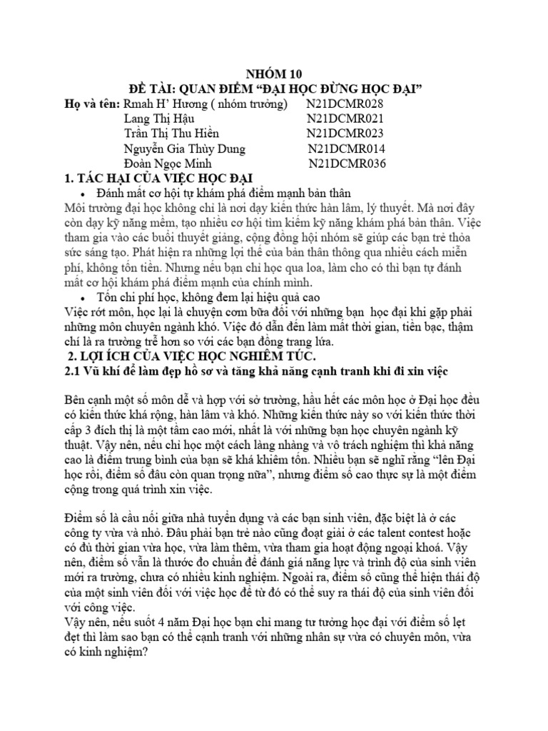 Nhóm 10 Đề Tài: Quan Điểm "Đại Học Đừng Học Đại" Họ và tên: Rmah H' Hương (nhóm trưởng ...