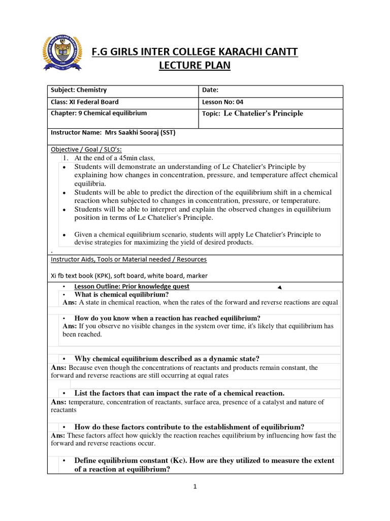 lesson plan 4 | PDF | Chemical Equilibrium | Chemical Reactions