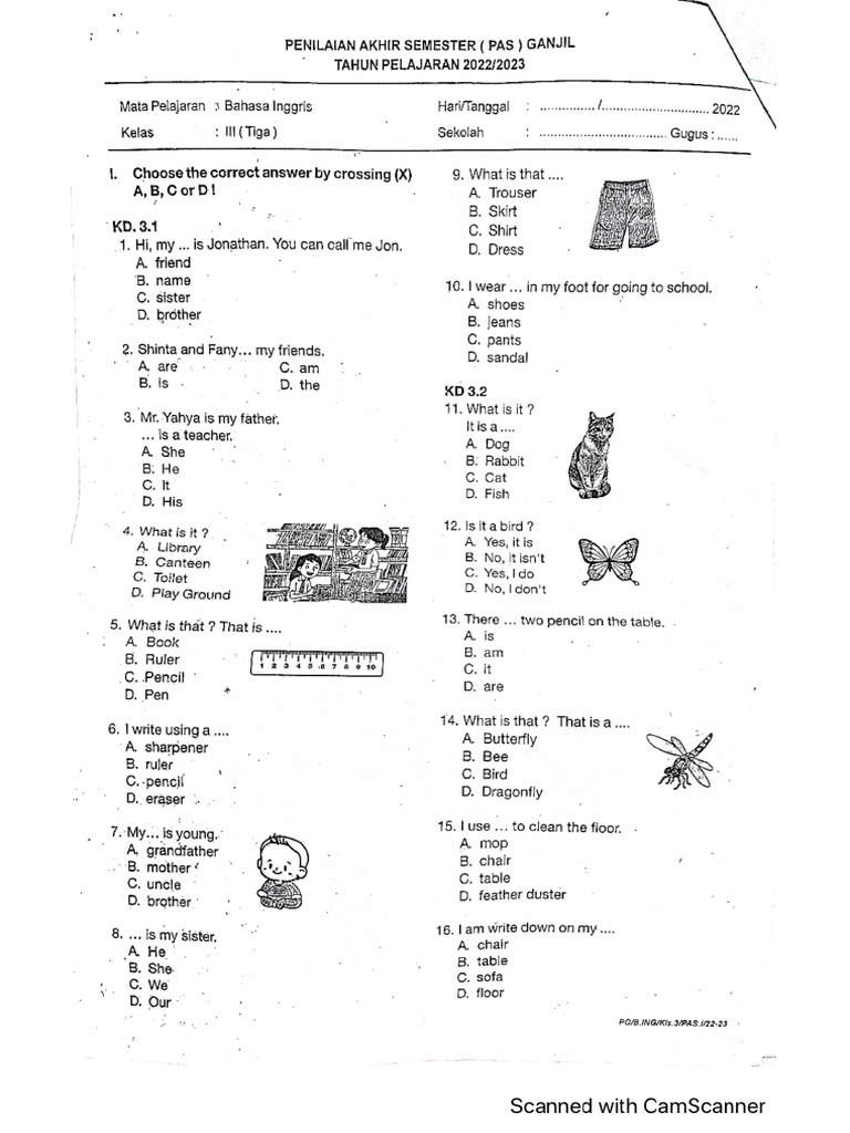 soal bahasa Inggris kelas 3 | PDF