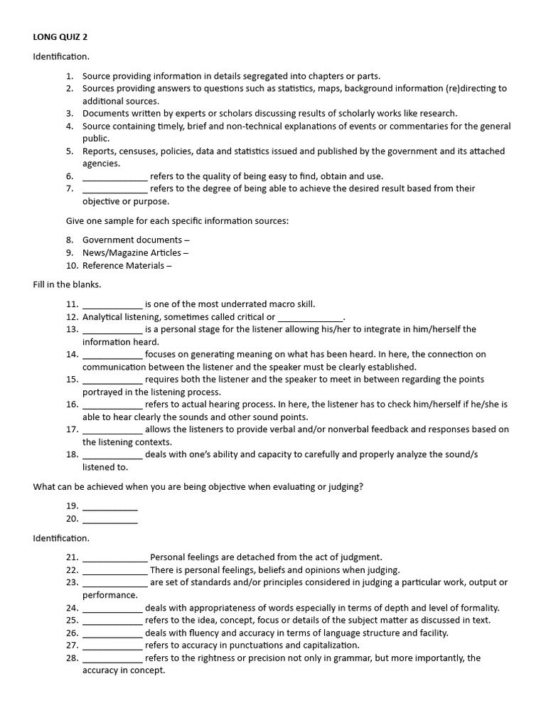 Information Sources and Listening Skills Quiz | PDF | Feeling | Grammar