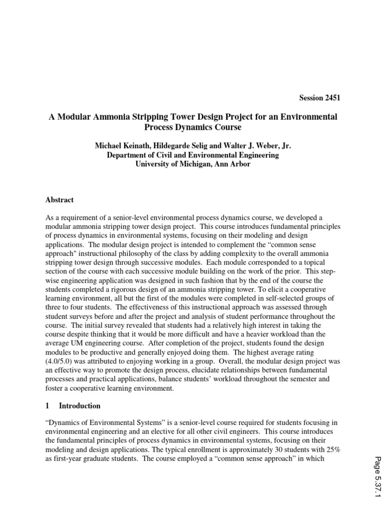 A Modular Ammonia Stripping Tower Design Project For An Environmental