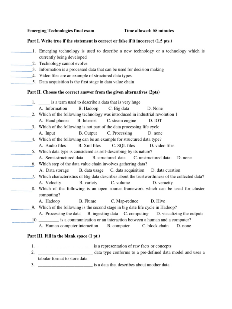 Emerging Technologies Final Exam | PDF | Data | Big Data