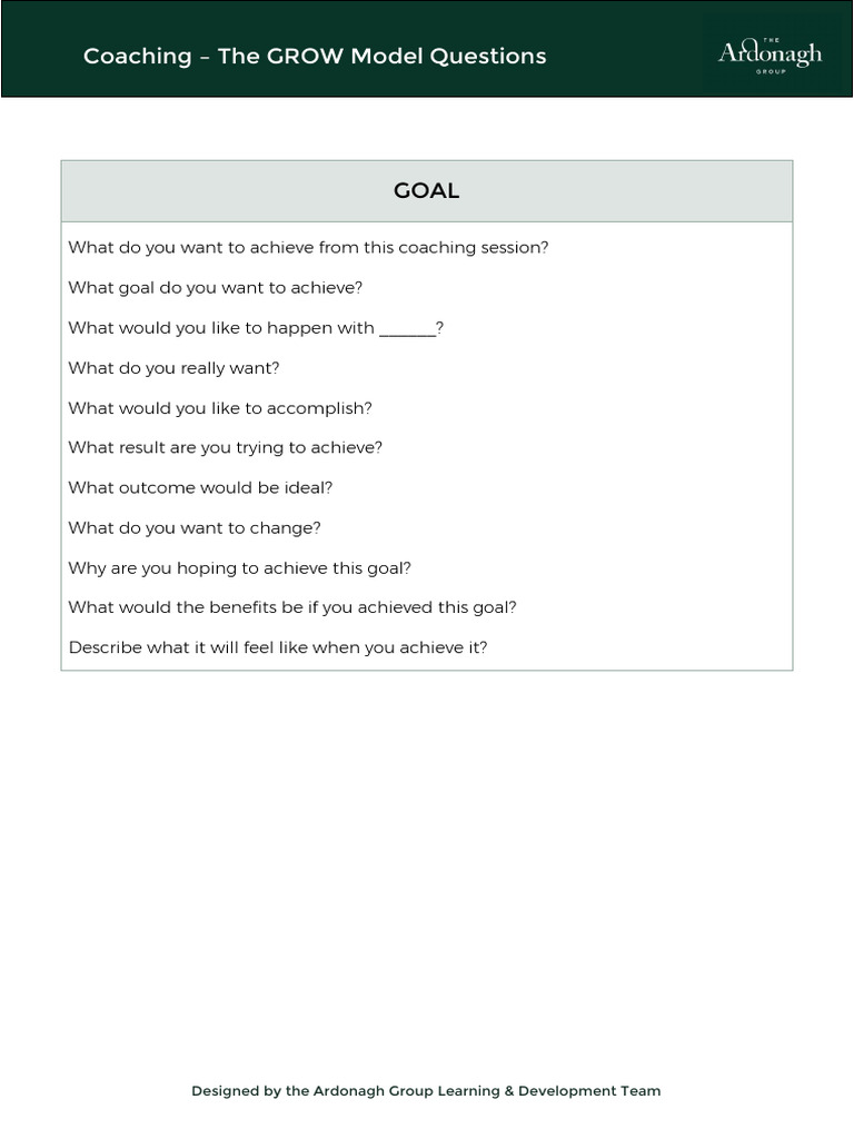 Coaching - GROW Model Questions | PDF | Social Psychology | Psychology