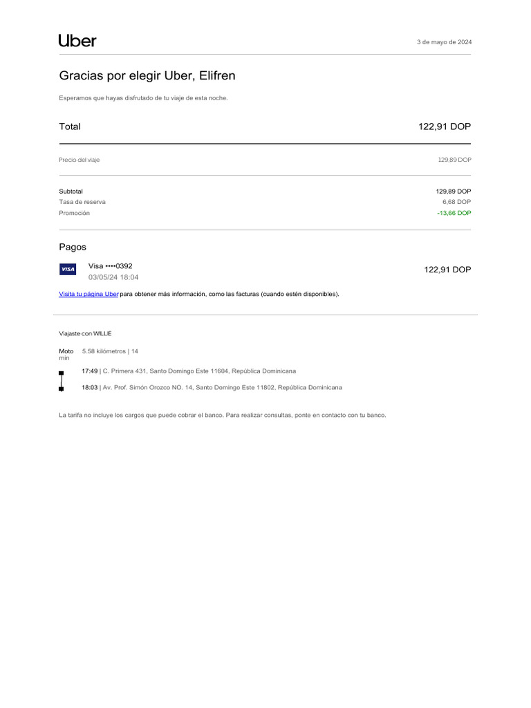 Factura de Uber (Transporte para Buscar Materiales) | PDF