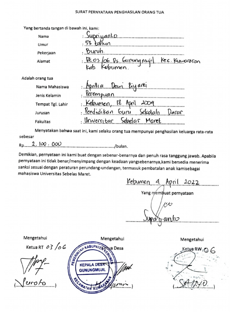 Pernyataan Penghasilan Ortu | PDF