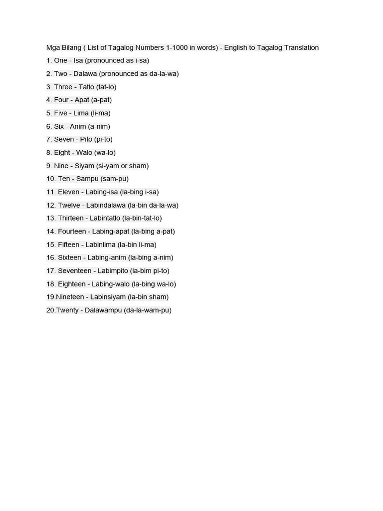 Mga Bilang 1-100 Tagalog With Symbol and Pronunciation | PDF