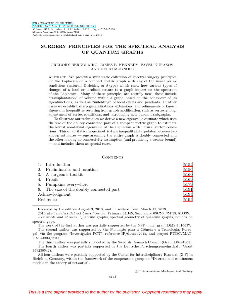 Berkolaiko Kennedy Kurasov Mugnolo Surgery Principles For The Spectral Analysis Of Quantum