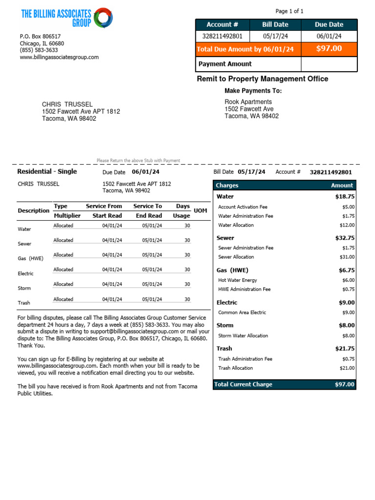 Utility Bill Details for Rook Apartments | PDF | Fee | Service Industries
