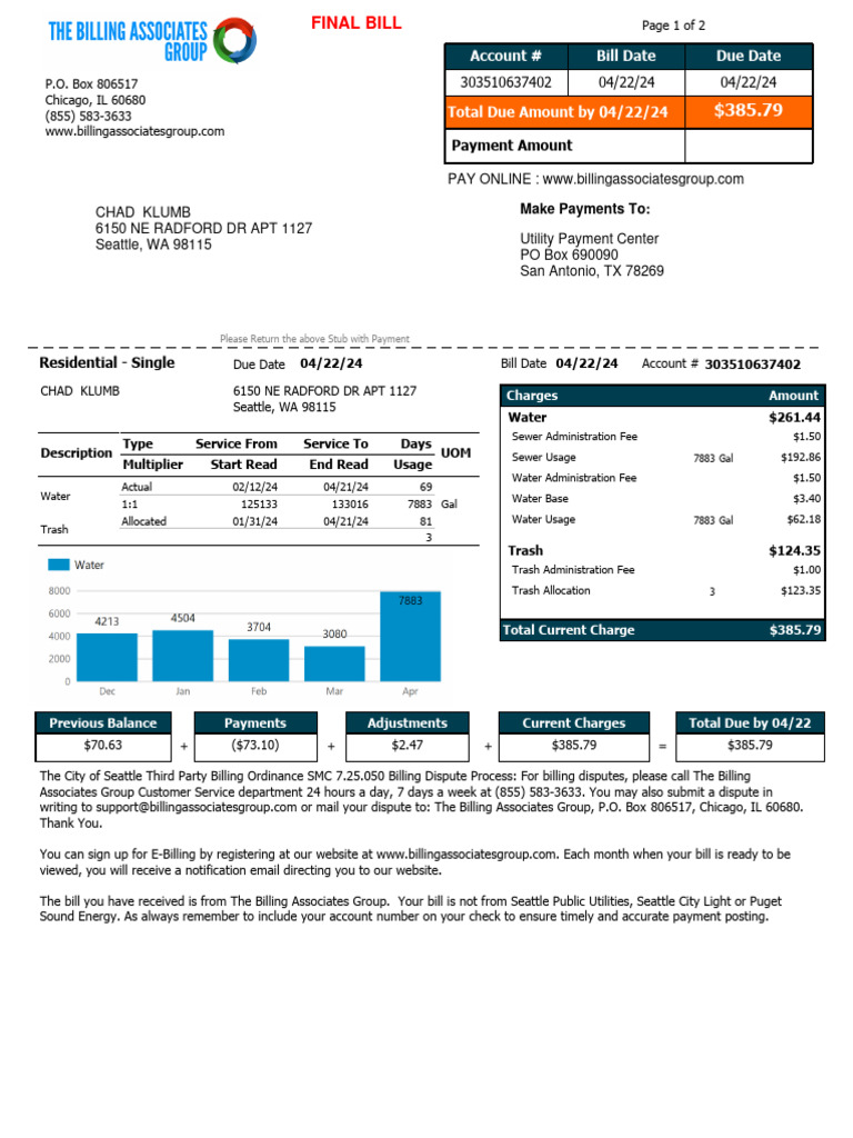 Account 303510637402 - Klumb, Chad Address APT 1127 6150 NE RADFORD DR ...