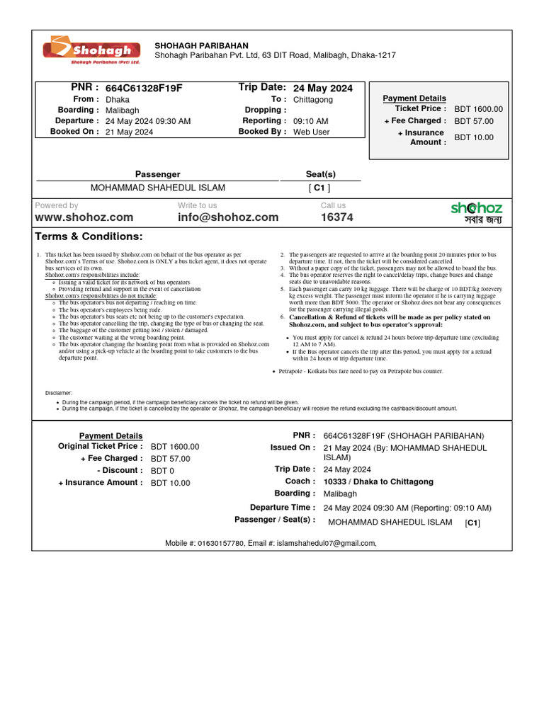 Shohagh Paribahan Bus Ticket Details | PDF | Bus | Fee