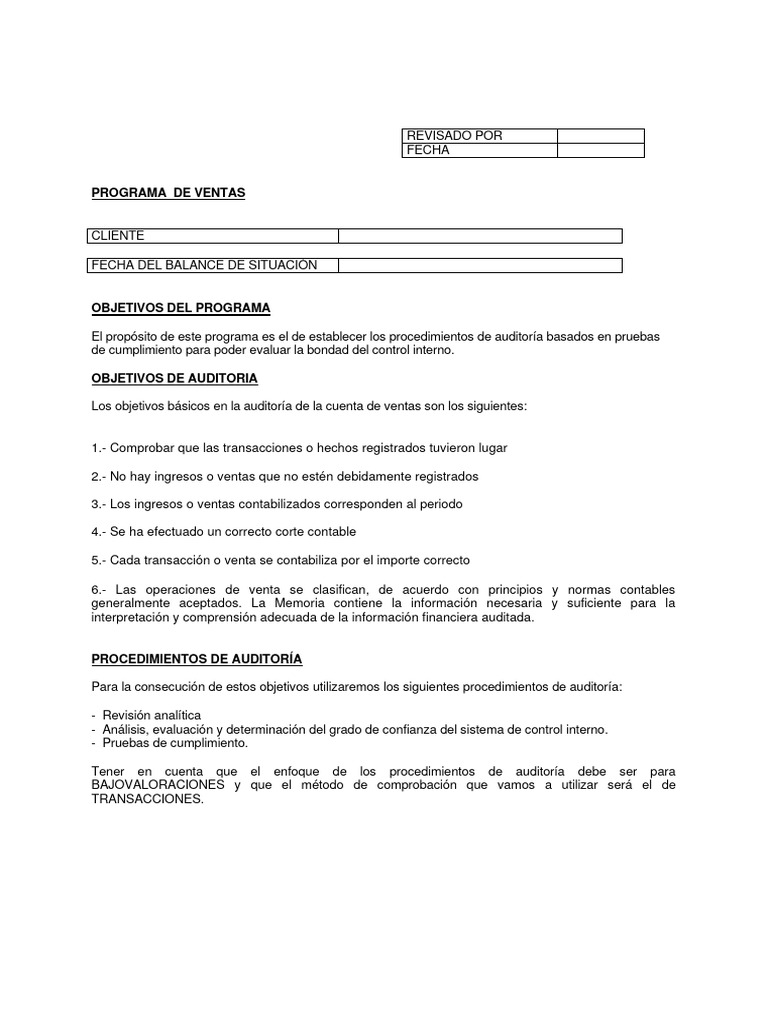 Programa de Ventas | Descargar gratis PDF | Auditoría | Business