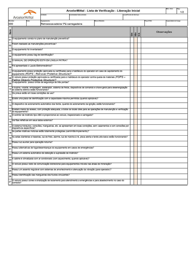 Checklist - Liberação de Veiculos Pesados, Equipamentos Móveis e ...