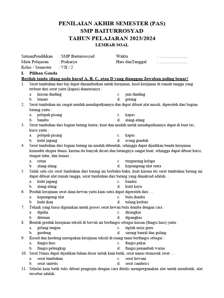 Soal PAS Prakarya Kelas 7 | PDF