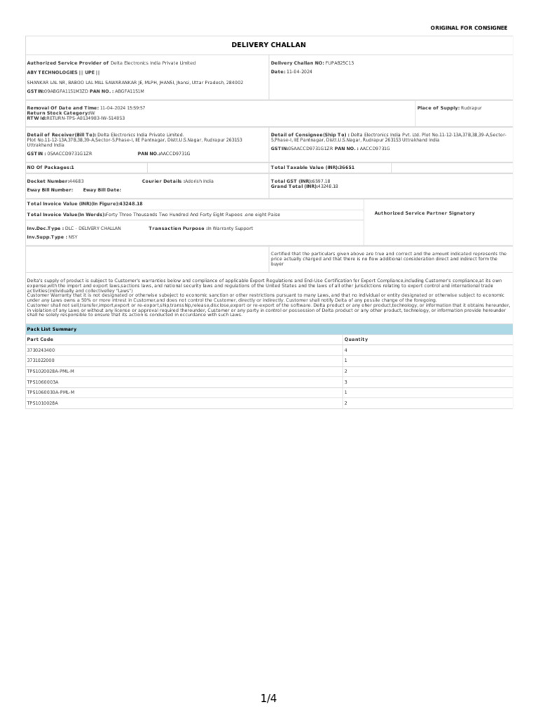 DC TO DELTA Delivery Challan RETURN-TPS-A0134983-IW-514053 | PDF ...