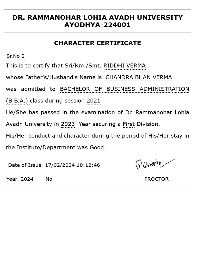 Dr. Rammanohar Lohia Avadh University AYODHYA-224001: Character ...