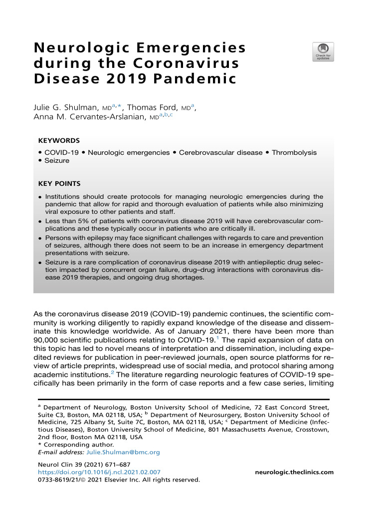 Neurologic Emergencies During The Coronavirus Dise | PDF | Stroke ...