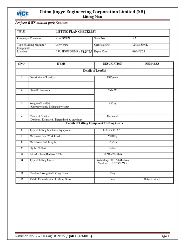 Lifting Plan (LM1085099L) U | PDF | Crane (Machine)
