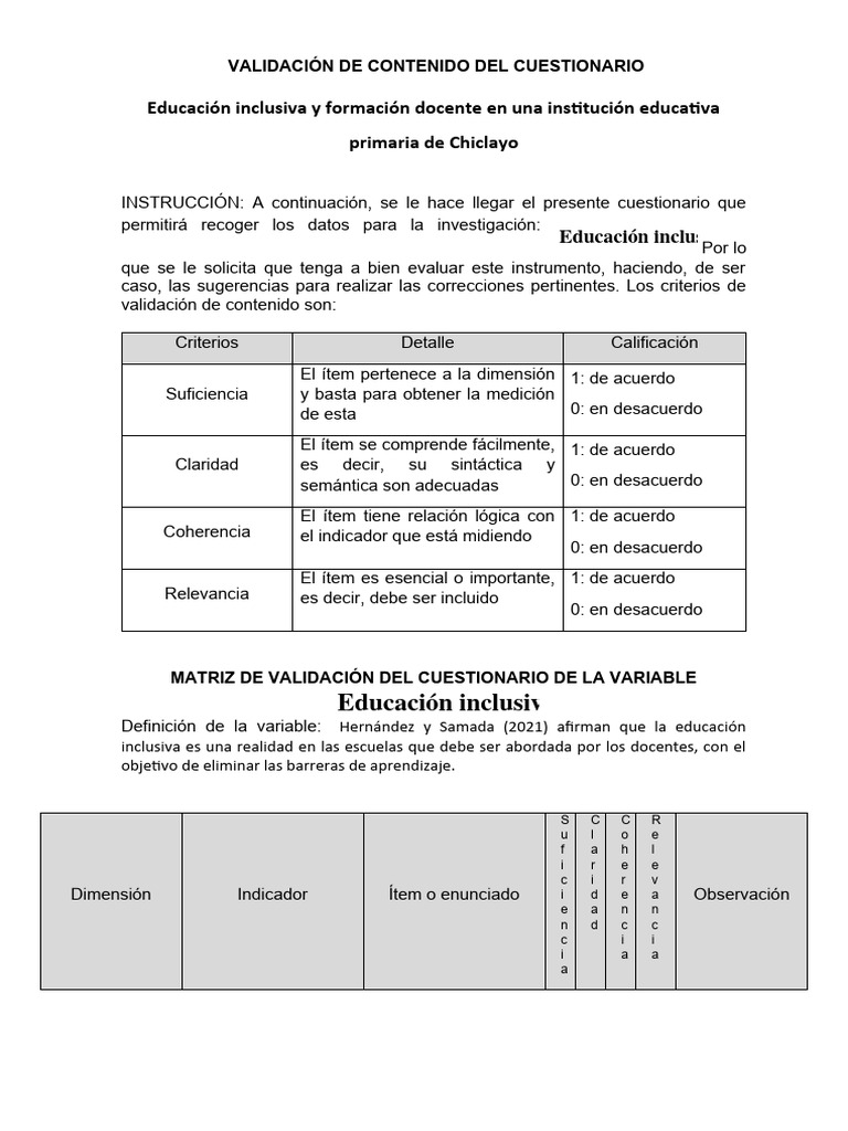 FORMATO DE VALIDACION DE CUESTIONARIOS CORREJIDO | Descargar gratis PDF | Inclusión (Educación ...