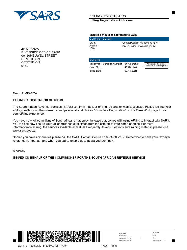 Successful SARS eFiling Registration | PDF | Taxes | Government Finances