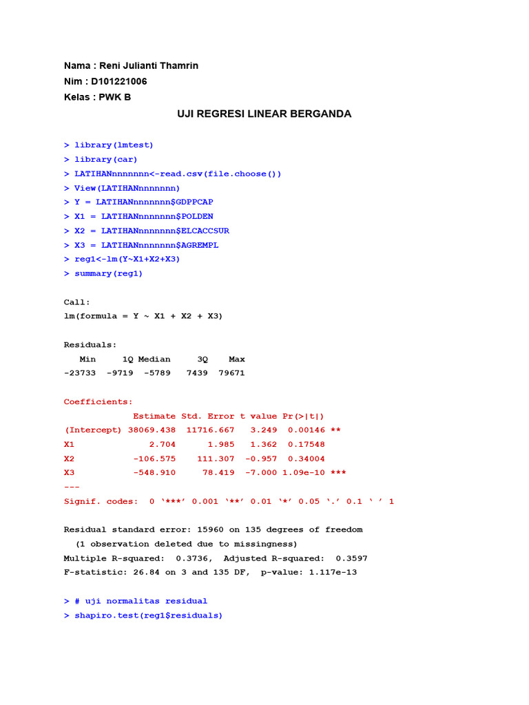 Uji Regresi Linear Berganda | PDF