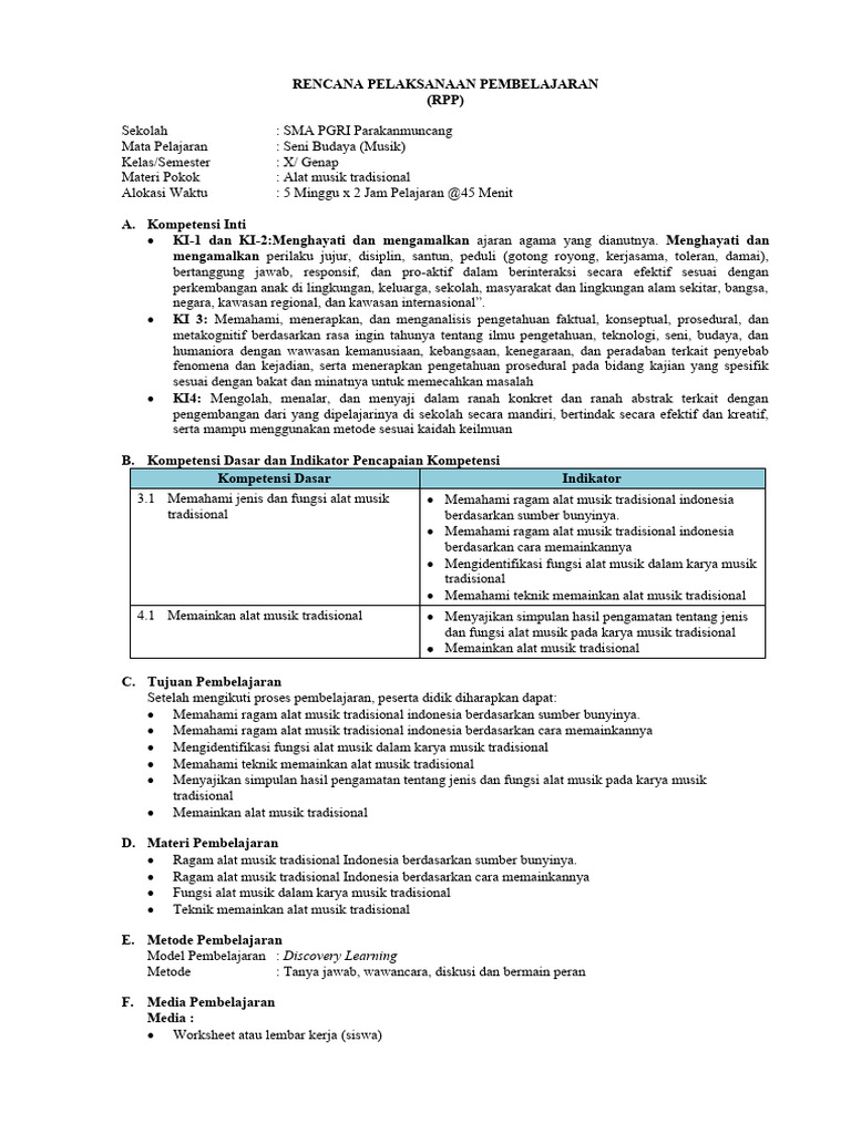 RPP Seni Budaya: Alat Musik Tradisional | PDF | Ilmu Sosial | Seni & Disiplin Bahasa