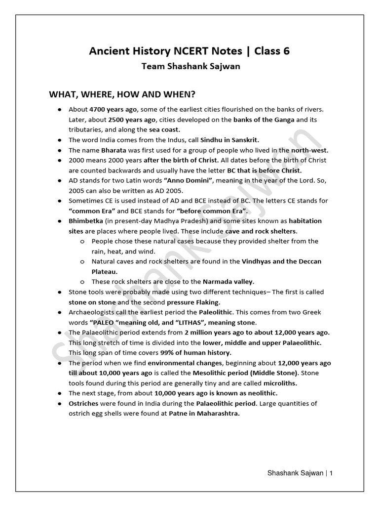 Ancient History NCERT Notes - Class 6: Team Shashank Sajwan What, Where ...