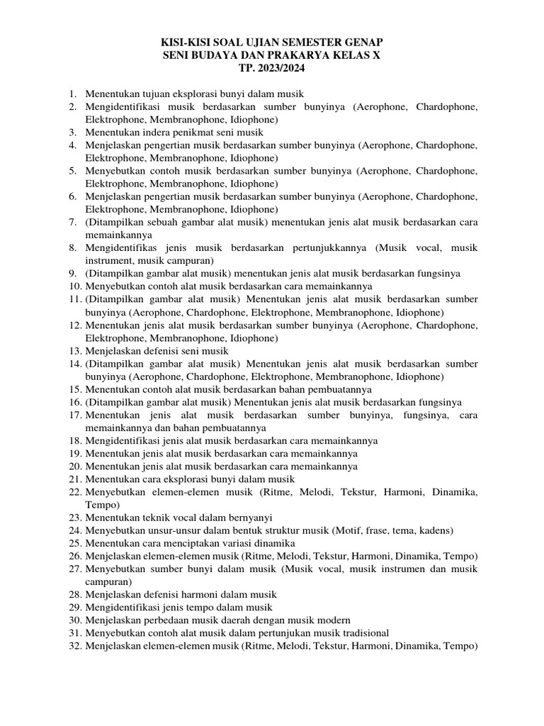 Kisi-Kisi Soal Seni Budaya Kelas X Semester Genap | PDF