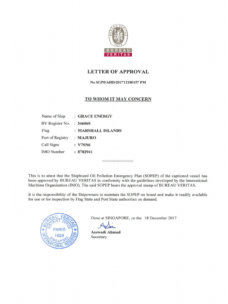 Grace Energy - Approved SOPEP | PDF | Ships | Oil Spill