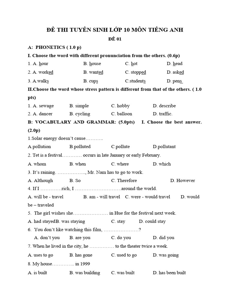 ĐỀ THI TUYỂN SINH LỚP 10 MÔN TIẾNG ANH 1 | PDF | Supermarket | Pollution