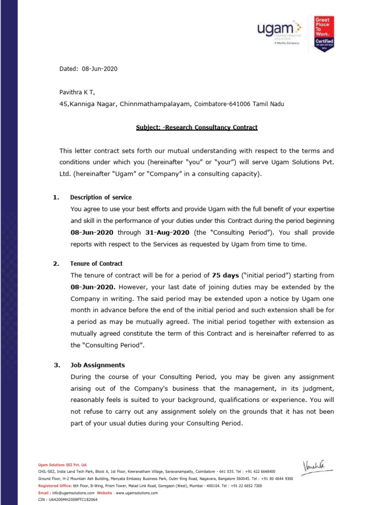 Ugam Solutions Consulting Contract Details | PDF | Outsourcing | Legal ...