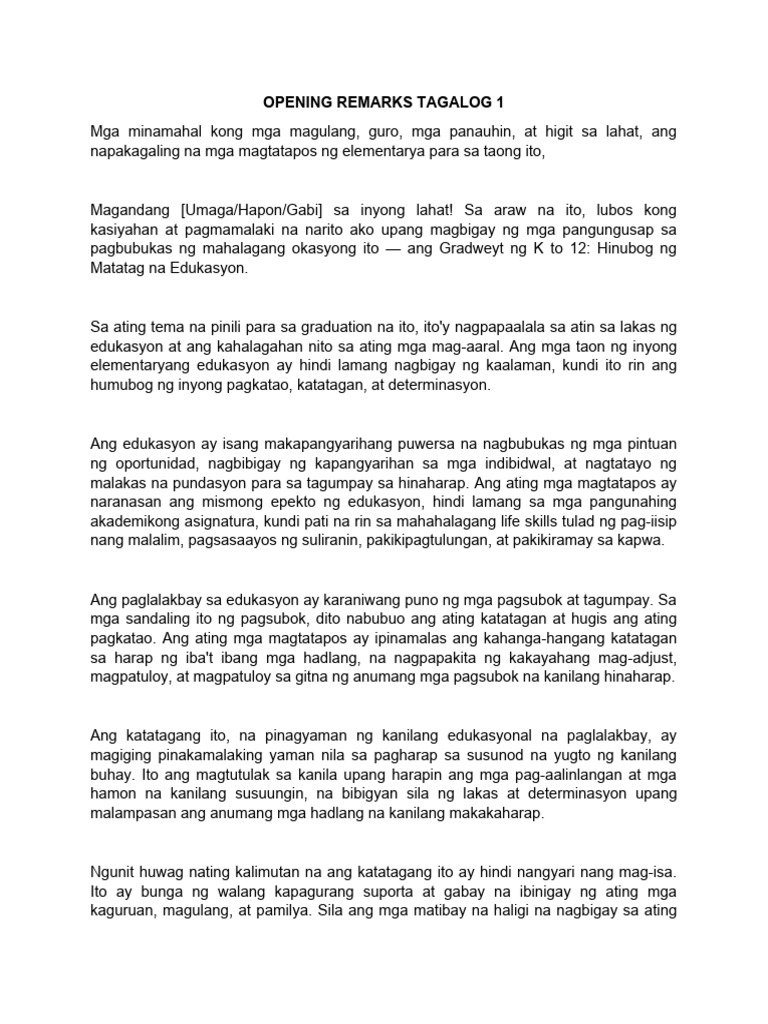 Opening Remarks Tagalog | PDF