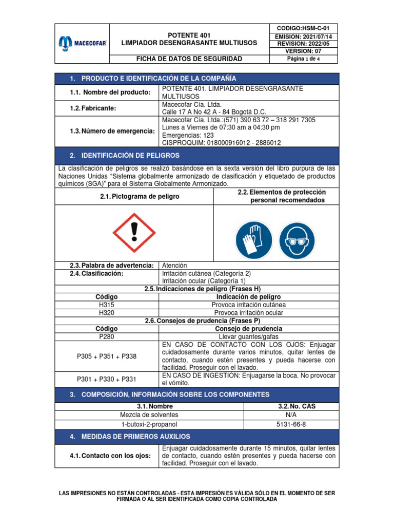 Limpiador Multiusos Potente 401 | PDF | Química