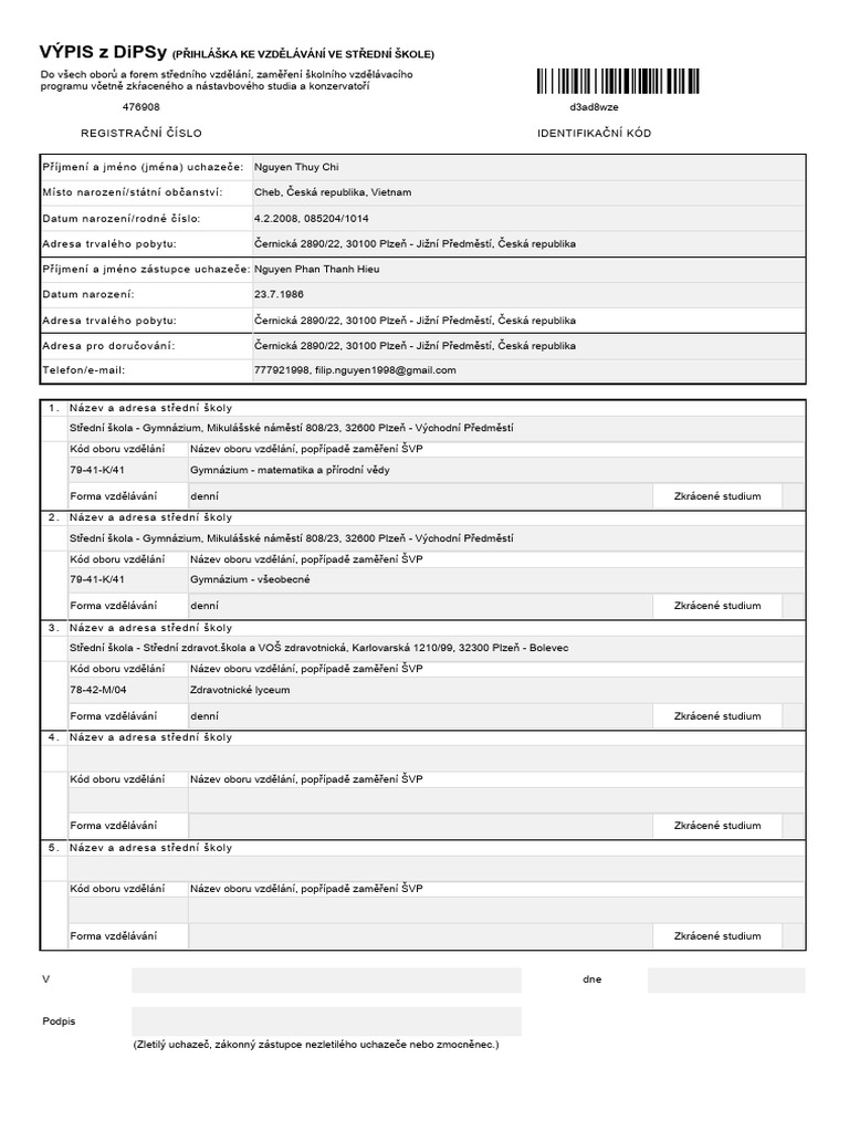 Prihlaska Na Stredni Skolu | PDF