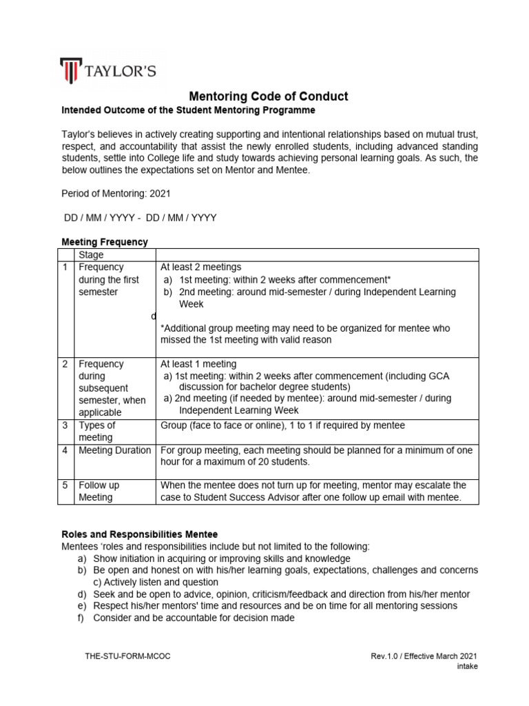 Taylor's College - Mentoring Code of Conduct | PDF | Mentorship | Confidentiality