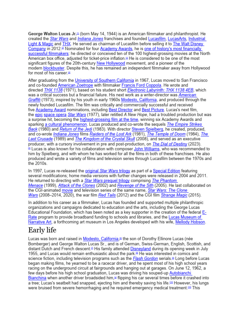 Early Life: George Walton Lucas JR | PDF | George Lucas | Lucasfilm