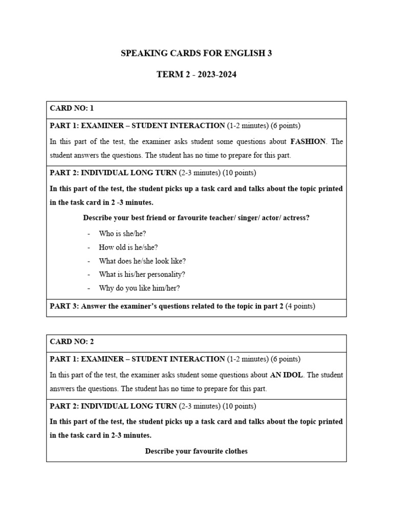 E3 - Students' Speaking Cards - 3TC | PDF