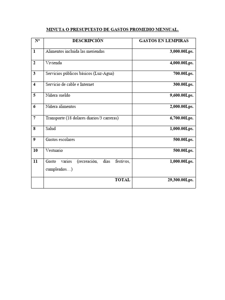 Formato Minuta de Gastos o Presupuesto | PDF