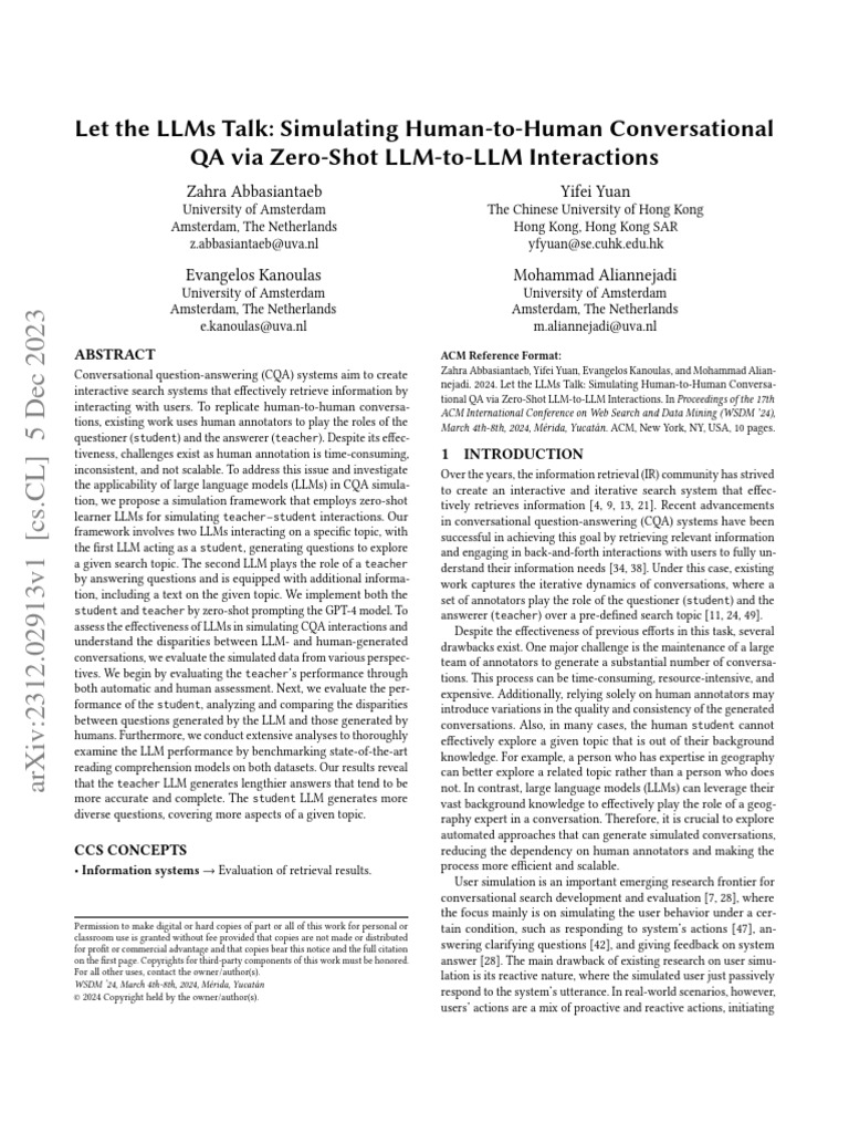 Let The Llms Talk: Simulating Human-To-Human Conversational Qa Via Zero-Shot Llm-To-Llm ...