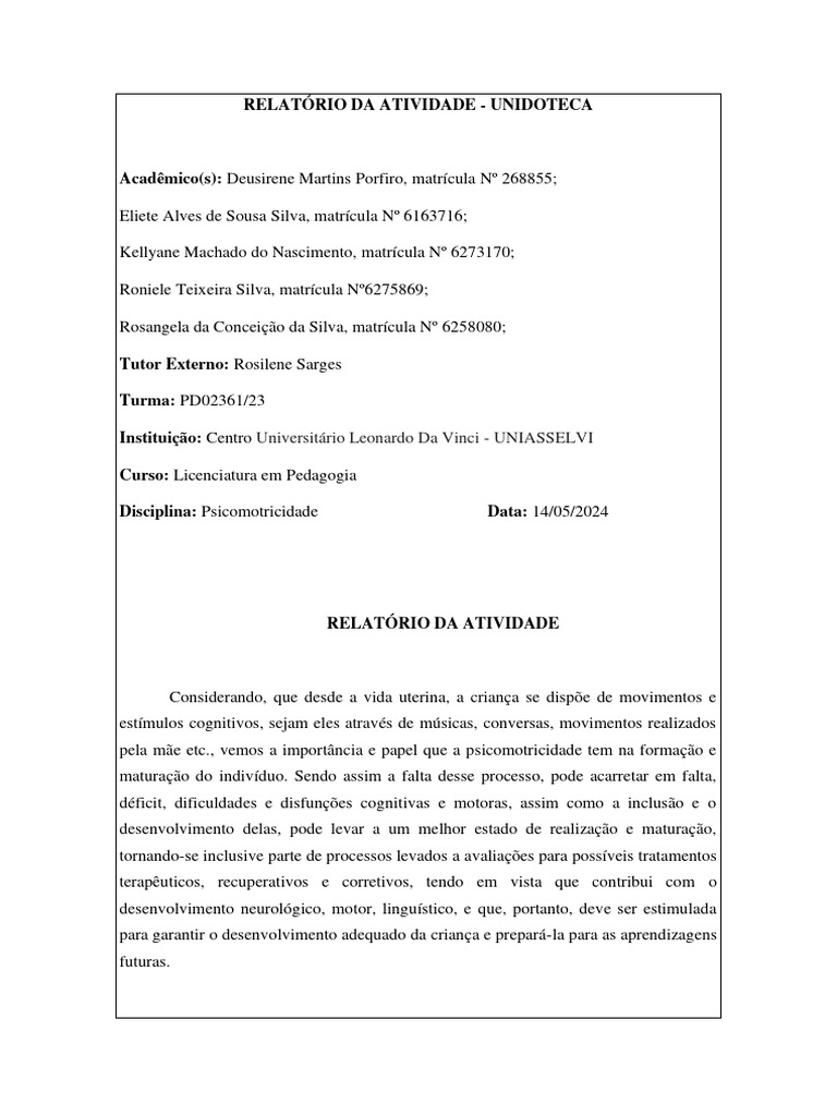 modelo_de_relatorio | PDF | Pensamento | Pré-escola