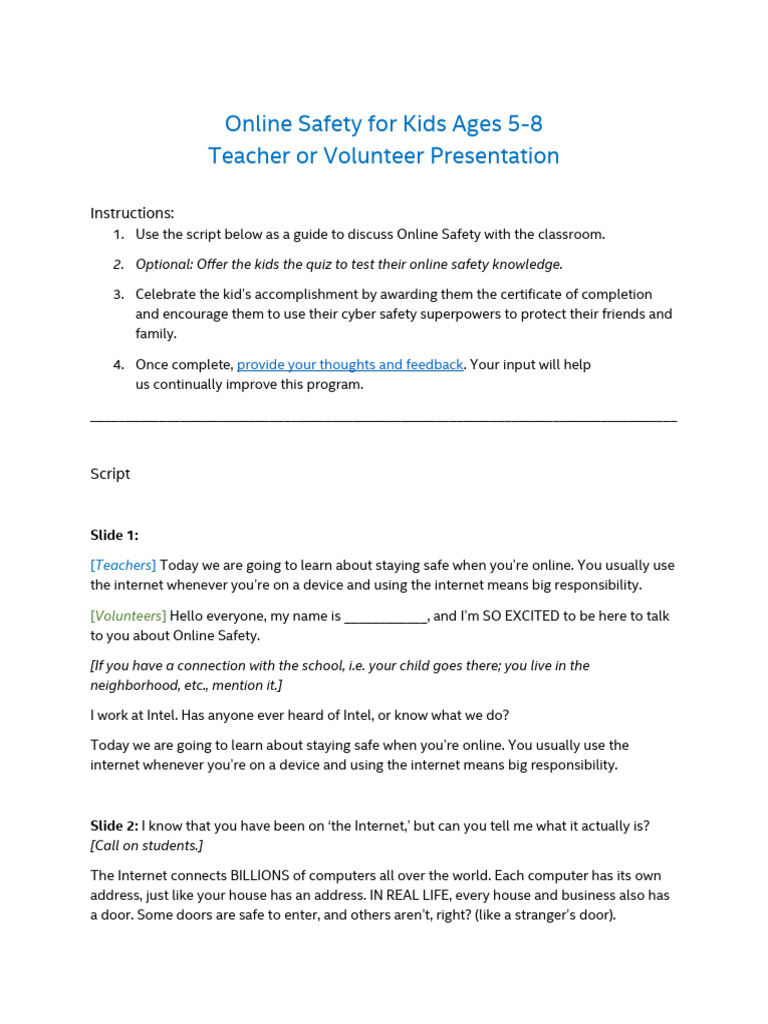Osk Ages 5 8 Teacher Volunteer Script | PDF | Cyberbullying | Bullying