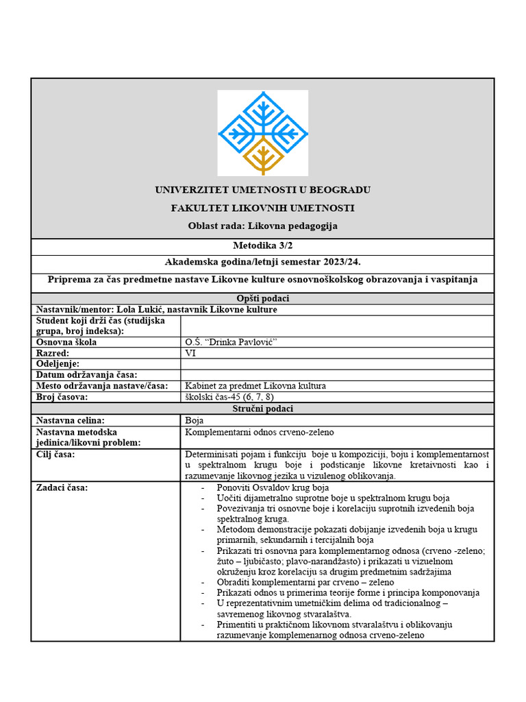 Obrazac Za Pisanu Pripremu Metodika 3 - 2 Sa Objašnjenjima | PDF
